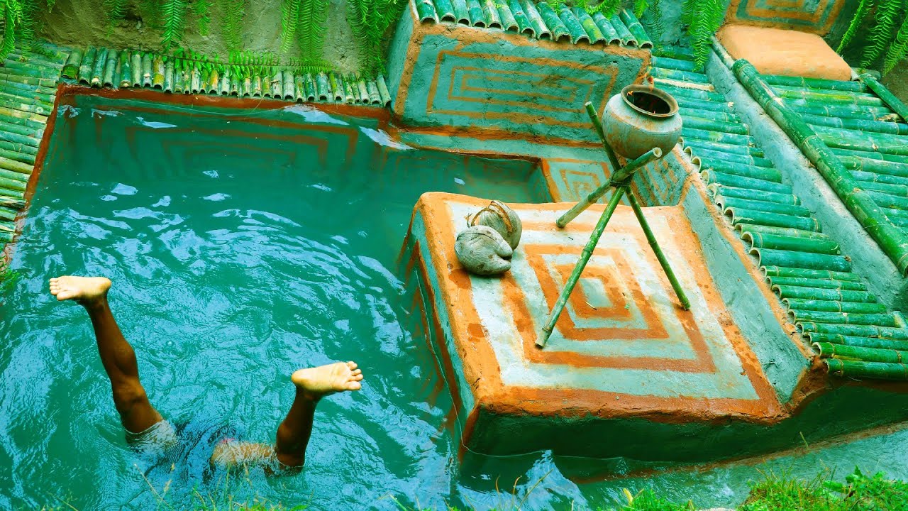 Building a multi-level jungle hot pool with primitive tools | DIY ...