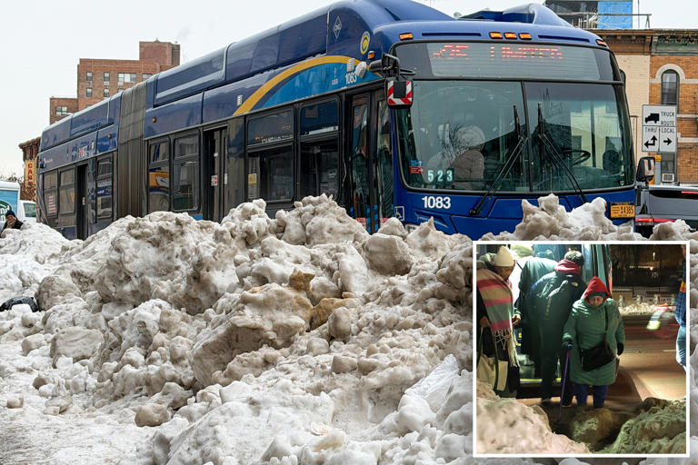 NYC bus stop at Sloan-Kettering Cancer Center piled with snow for days ...