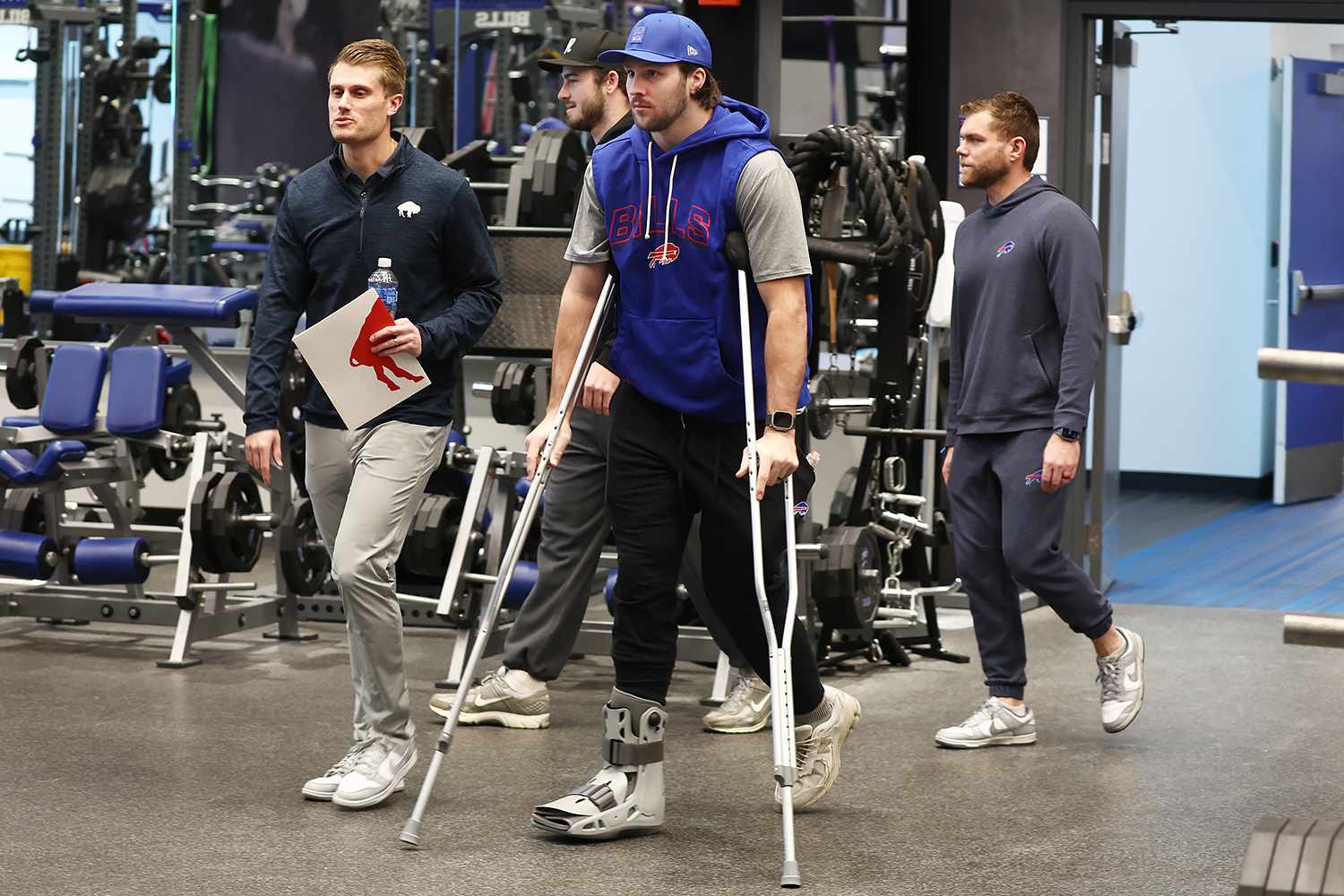 Josh Allen limps into press conference on crutches as he reveals he had ...