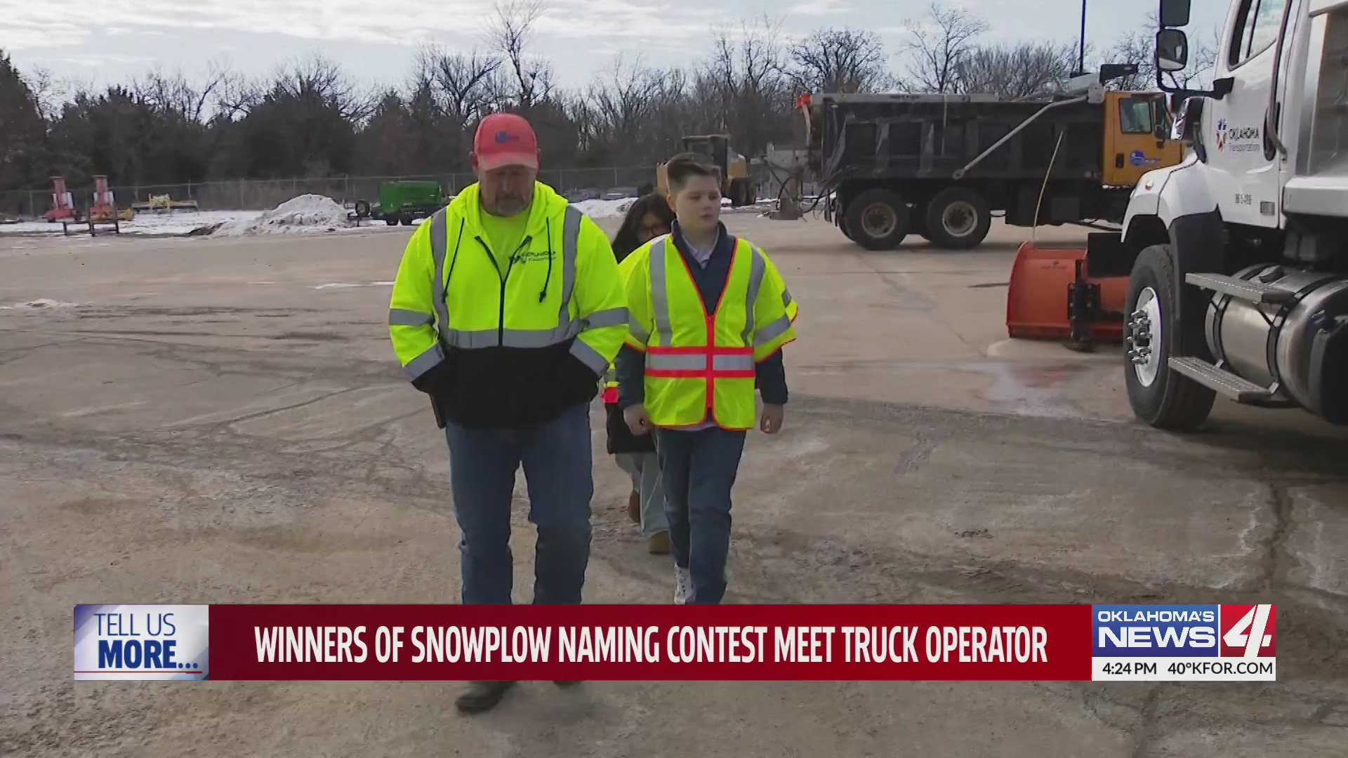 Winners of snowplow naming contest meet truck operator