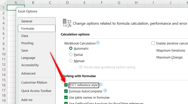How to use R1C1 referencing style in Microsoft Excel
