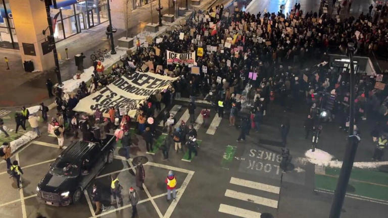 Demonstrators brave cold and snow for "ICE Out" protest in downtown Chicago