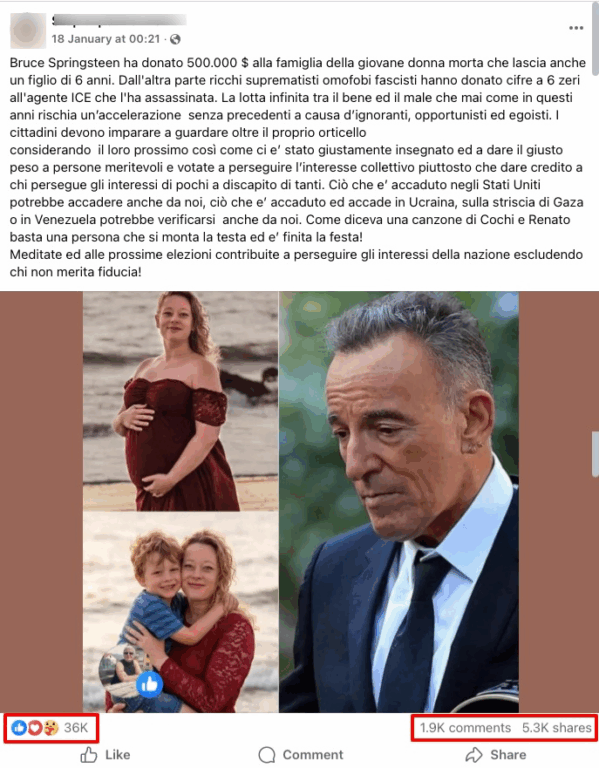 La bufala della donazione di Springsteen alla famiglia di Renee Good