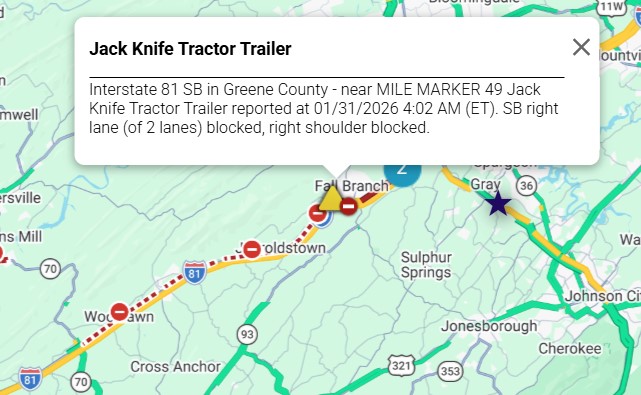 TDOT: One lane closed on I-81 in Fall Branch due to jackknifed tractor ...