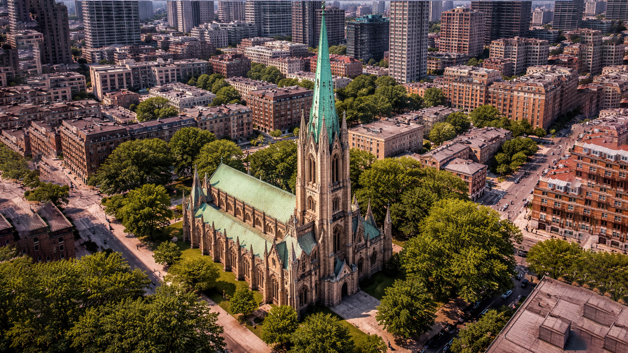 Aguja verde que destaca sobre la ciudad