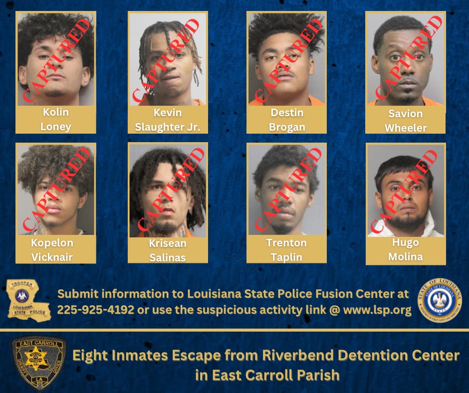 All eight inmates captured after escape from Riverbend Detention Center ...