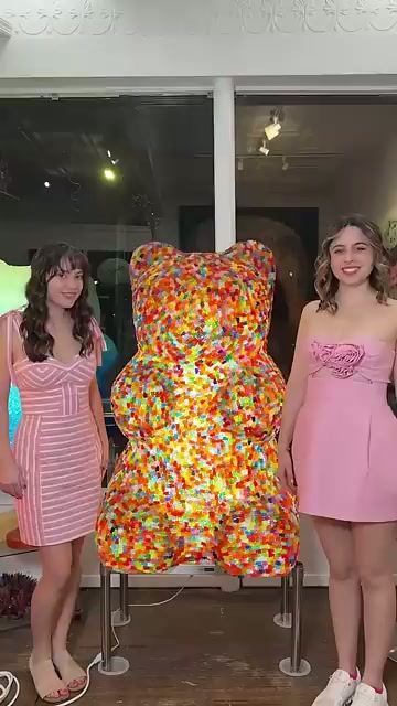 Inside a giant gummy bear sculpture made of real candy