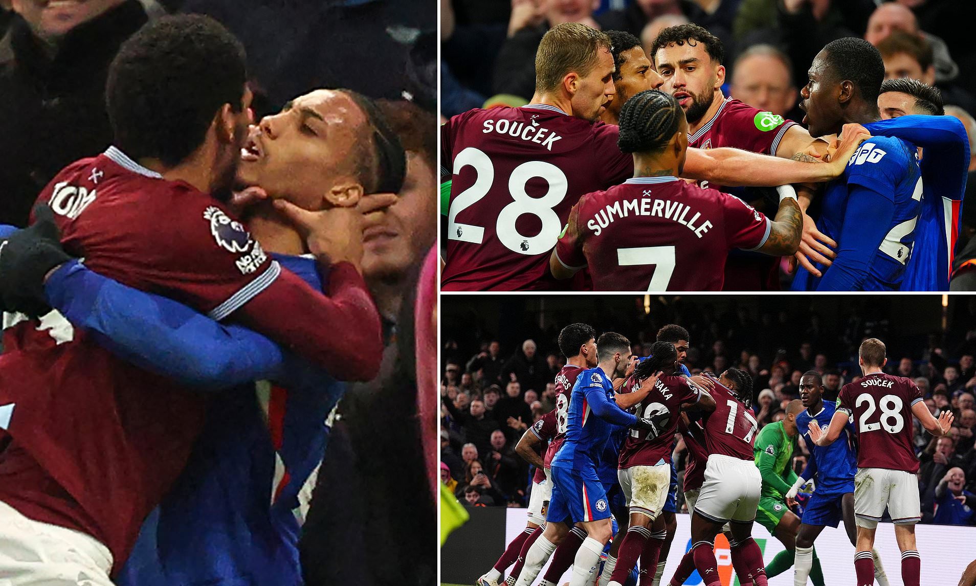 Brawl at the Bridge! West Ham star is sent off for grabbing Joao Pedro ...