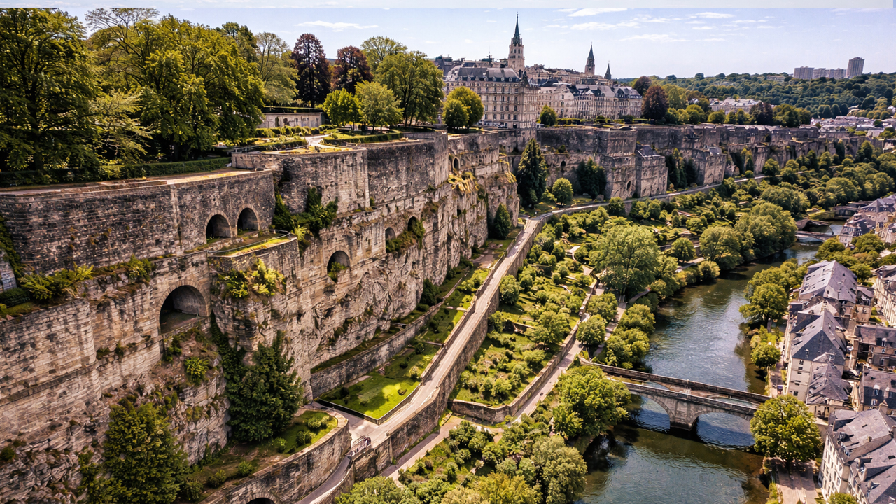 Stone fortifications above a quiet river valley