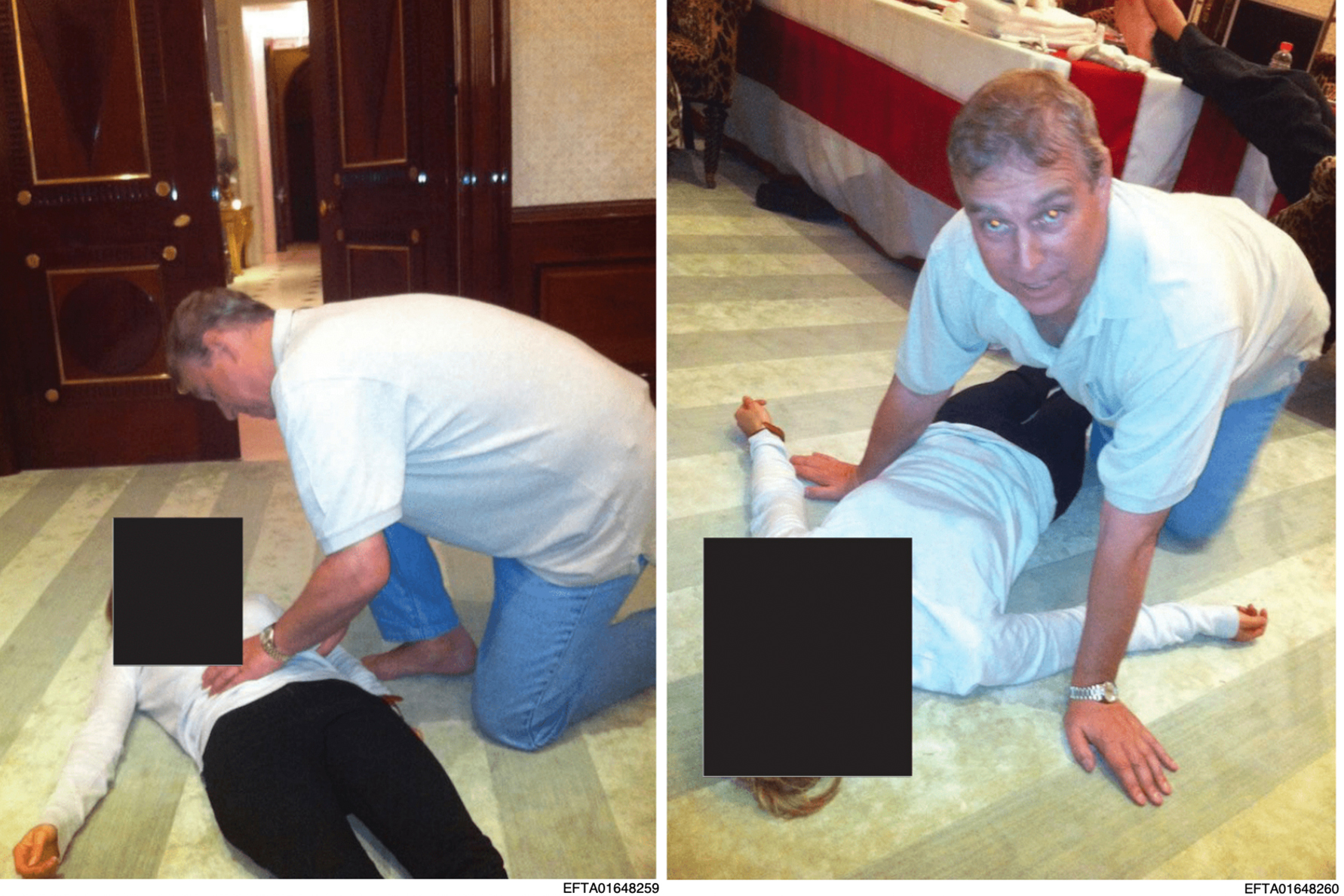 Epstein file photos appear to show Andrew crouched over female on floor