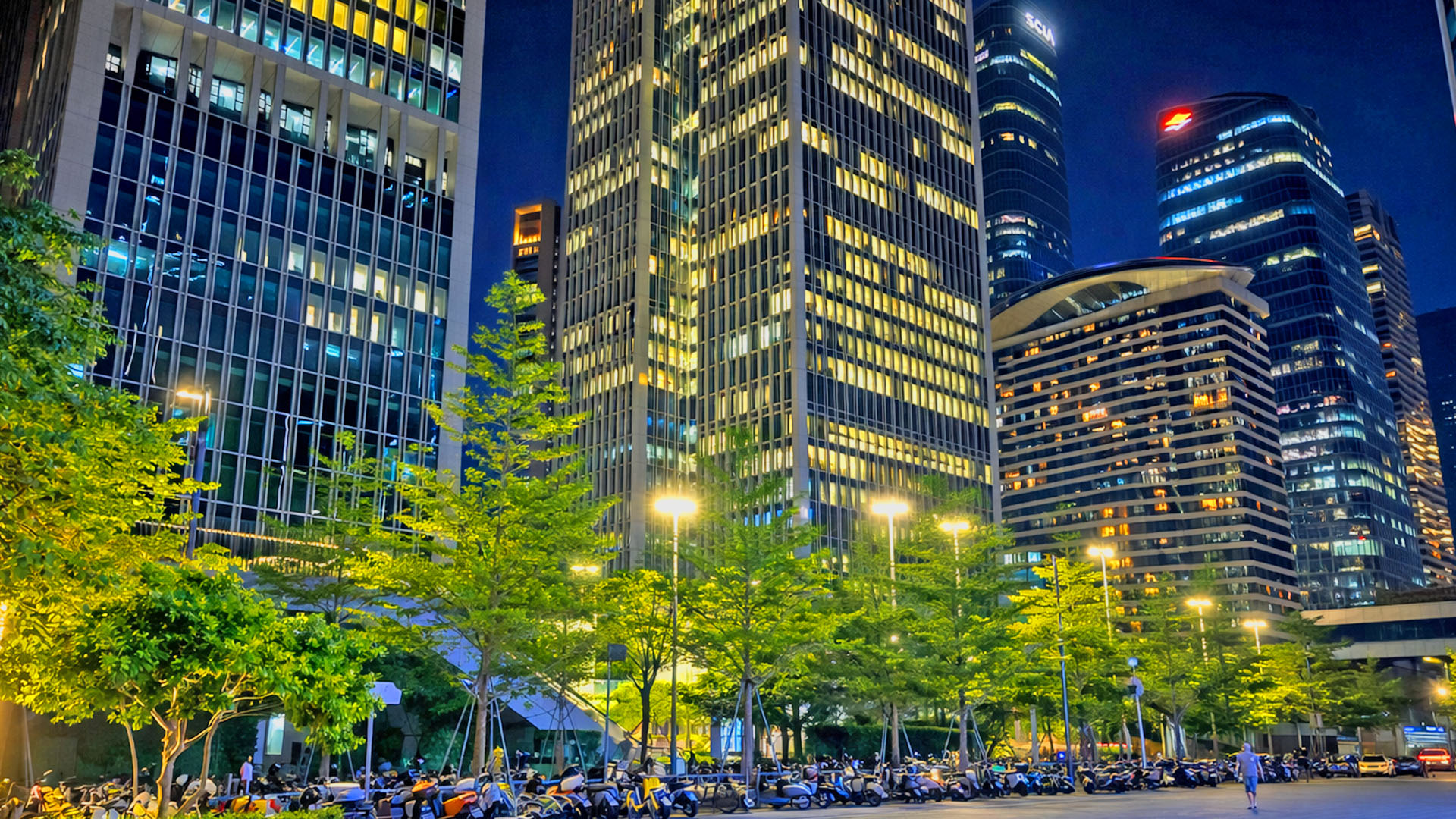 Office towers glow at night in China
