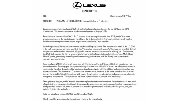 Lexus confirms the LC 500 will end production after 2026