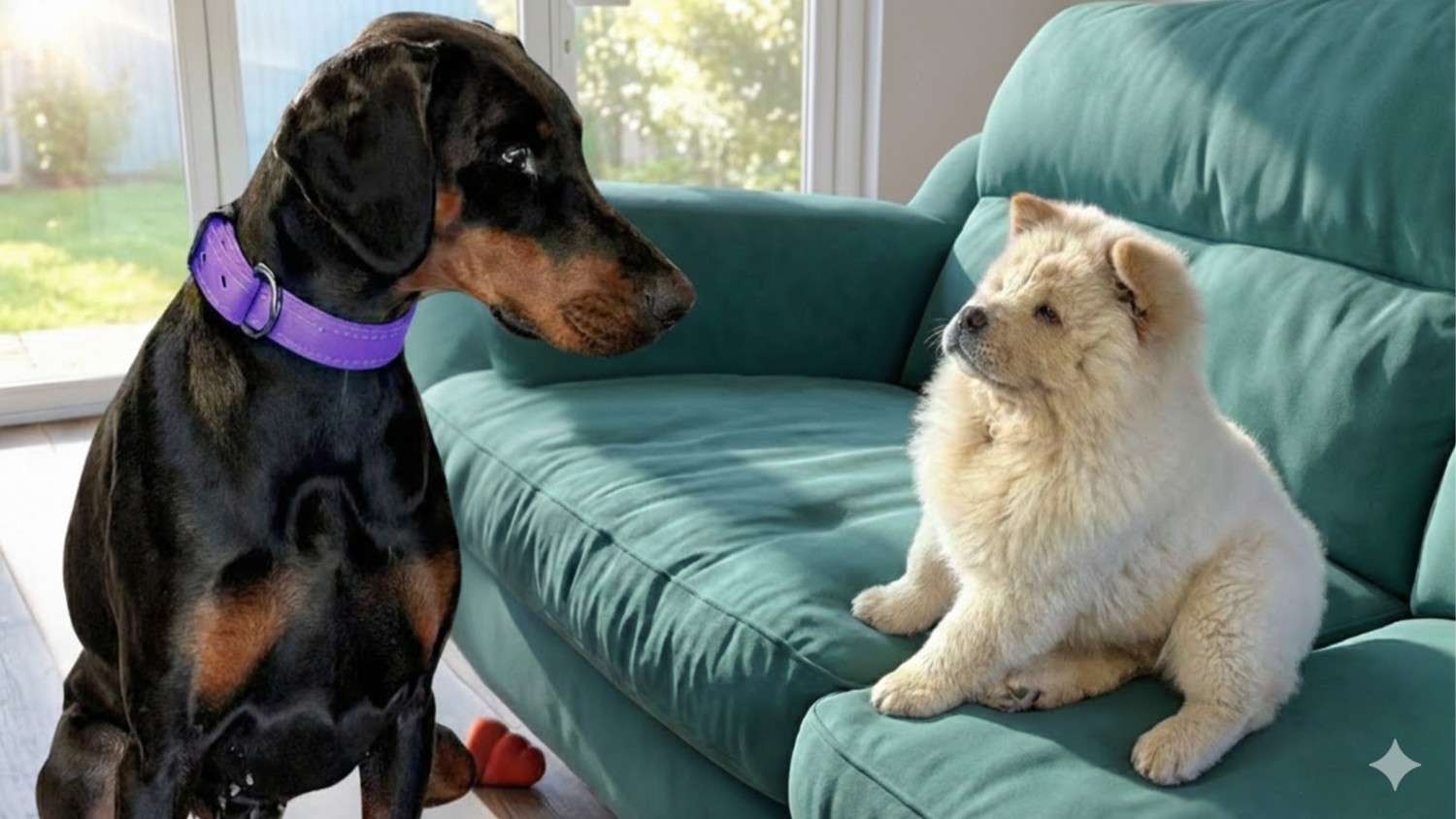 Doberman meets the most adorable fluffy rescue puppy