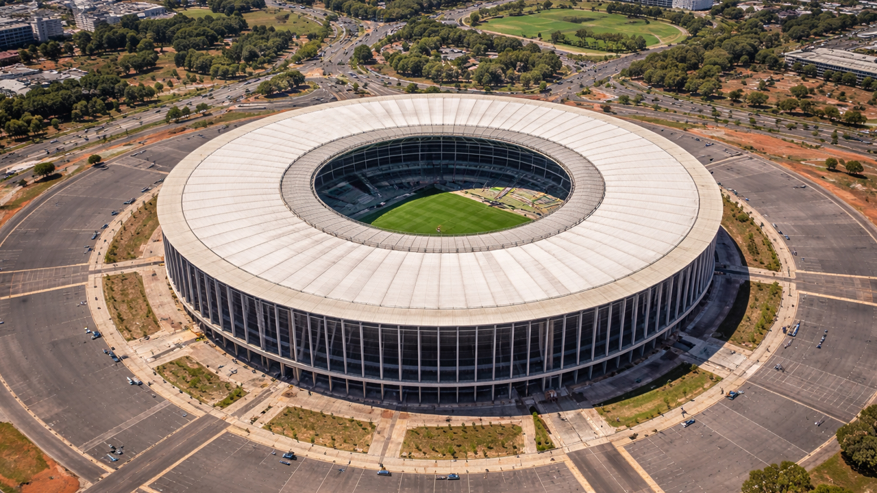 Circular stadium in a geometric urban core