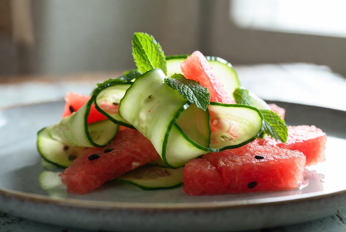 Cucumber and watermelon ribbon salad recipe