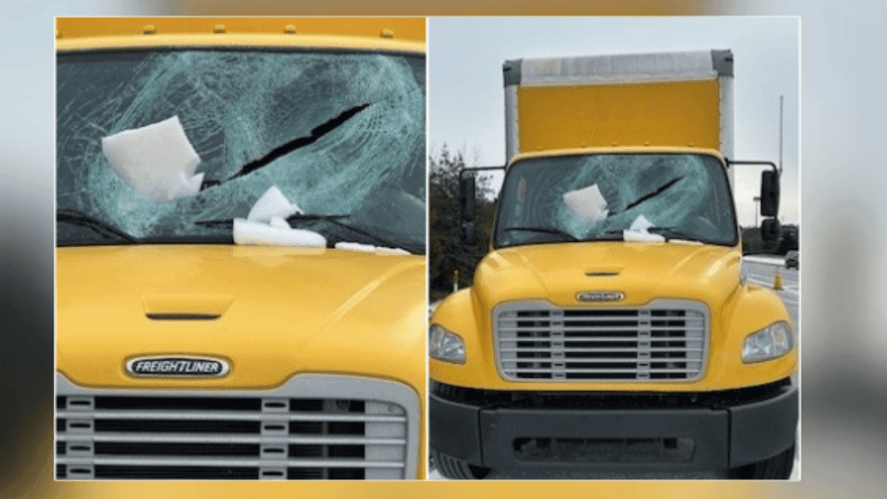 Box truck crashes after flying ice smashes through windshield in ...
