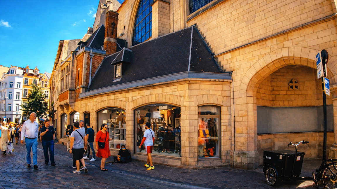 Street life and local shops in Brussels old city