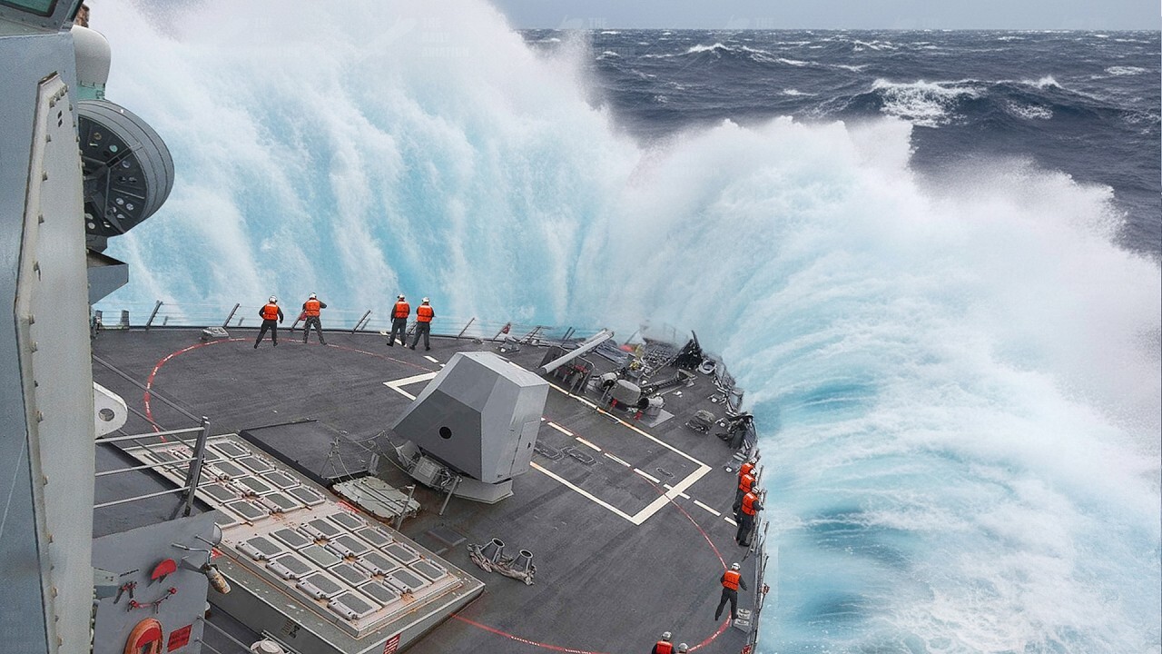 Inside US Navy combat ship riding monster waves during patrol