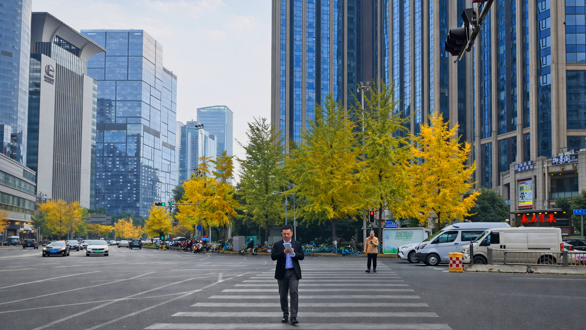 China autumn street view with skyscrapers