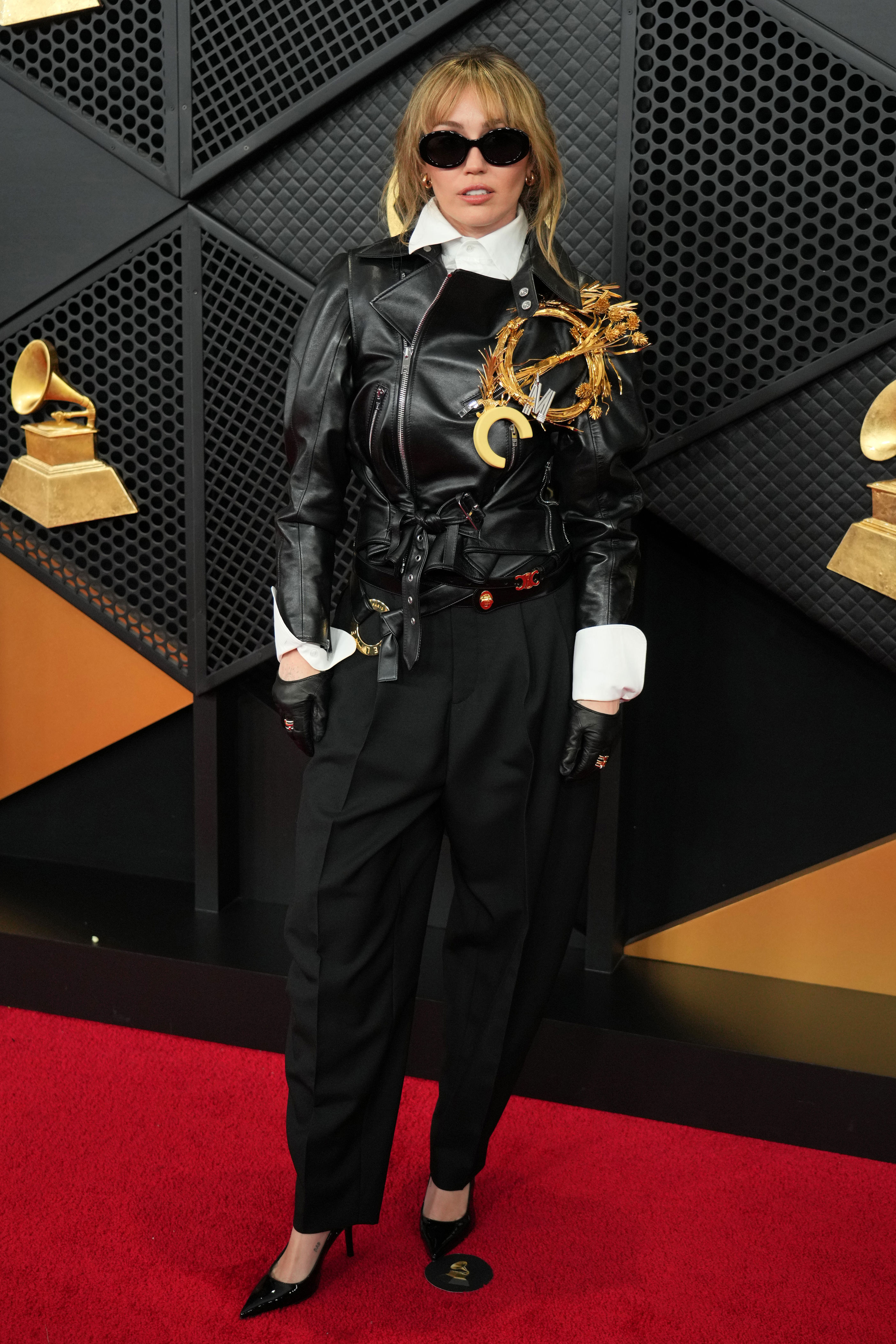 Miley Cyrus goes rock 'n' roll in black leather on Grammys 2026 red carpet