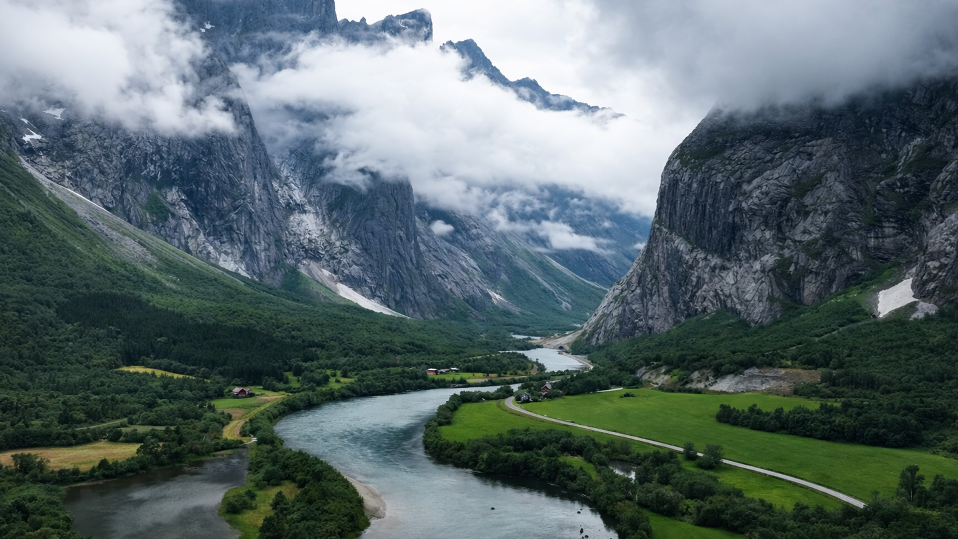A river flowing between giant cliffs