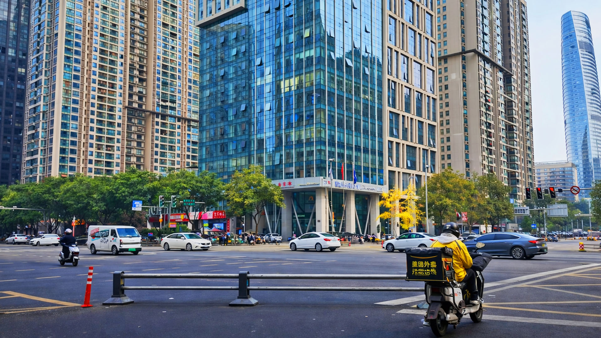 City traffic and towers in China