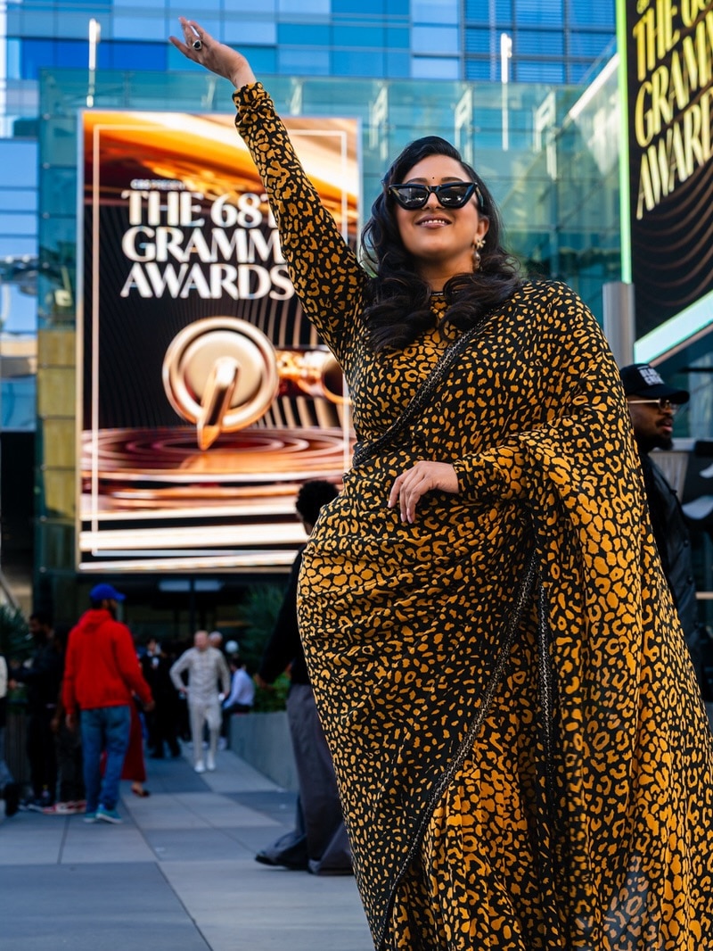 Indian touch on Grammys red carpet ft. Om necklace, Sabyasachi magic