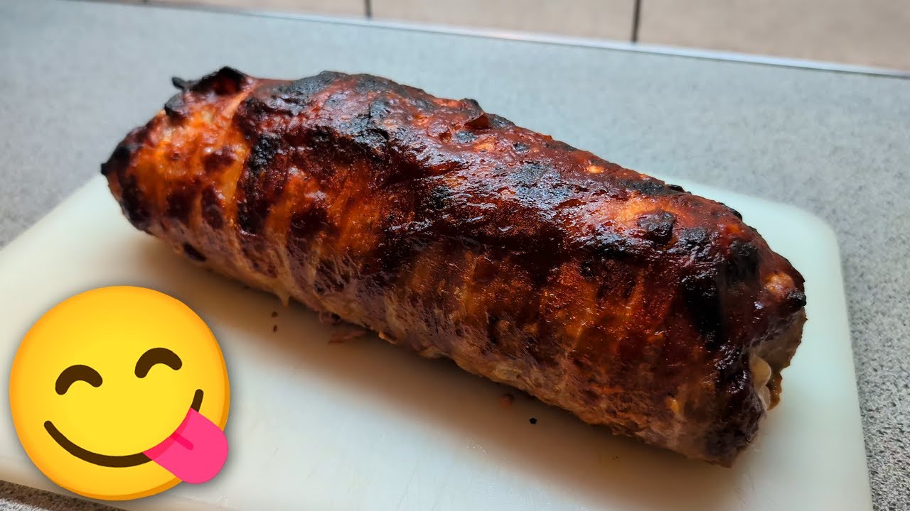 German meatloaf wrapped in bacon with potatoes and green beans for a ...
