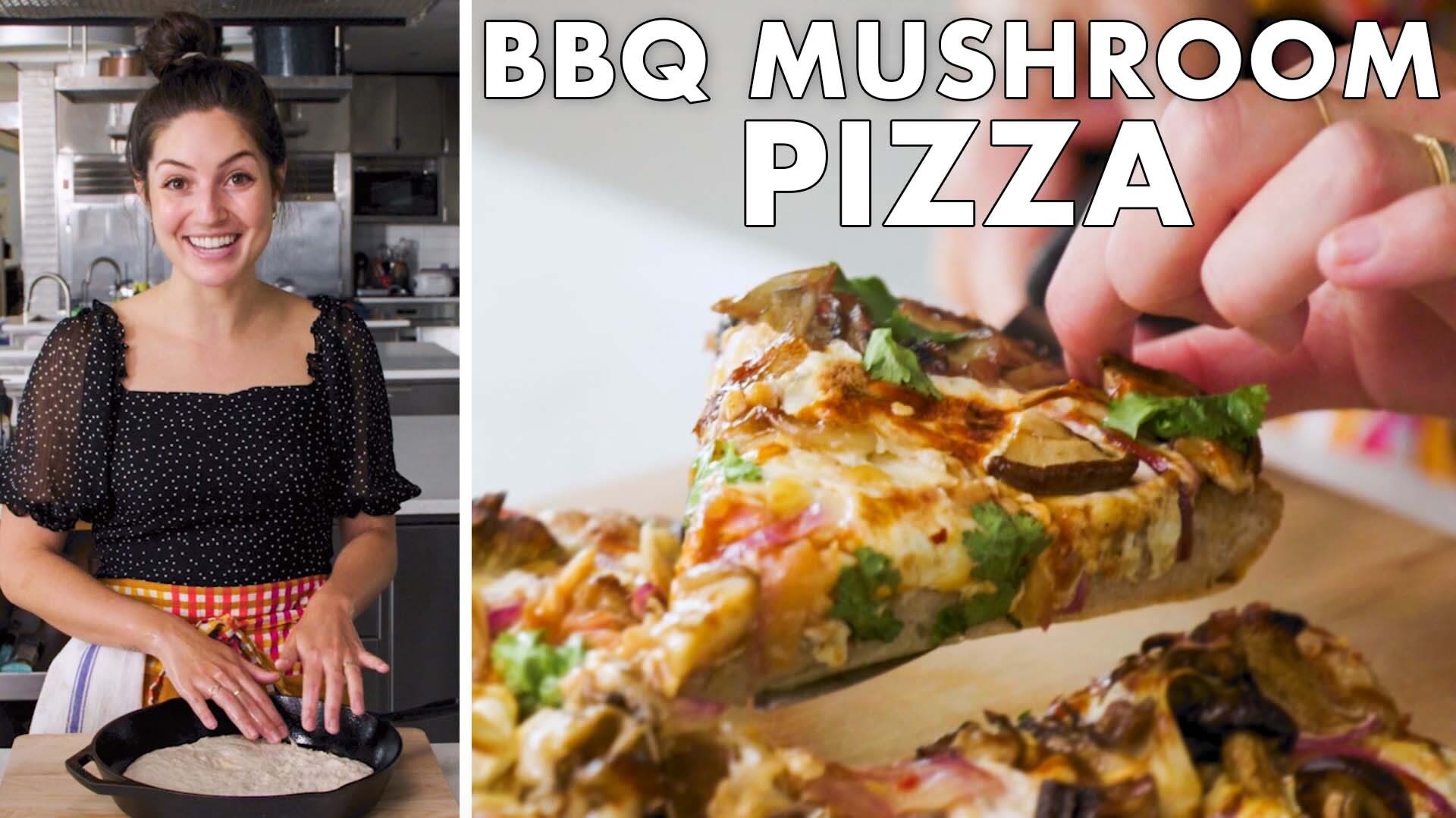 Easy BBQ mushroom pizza made in a cast-iron