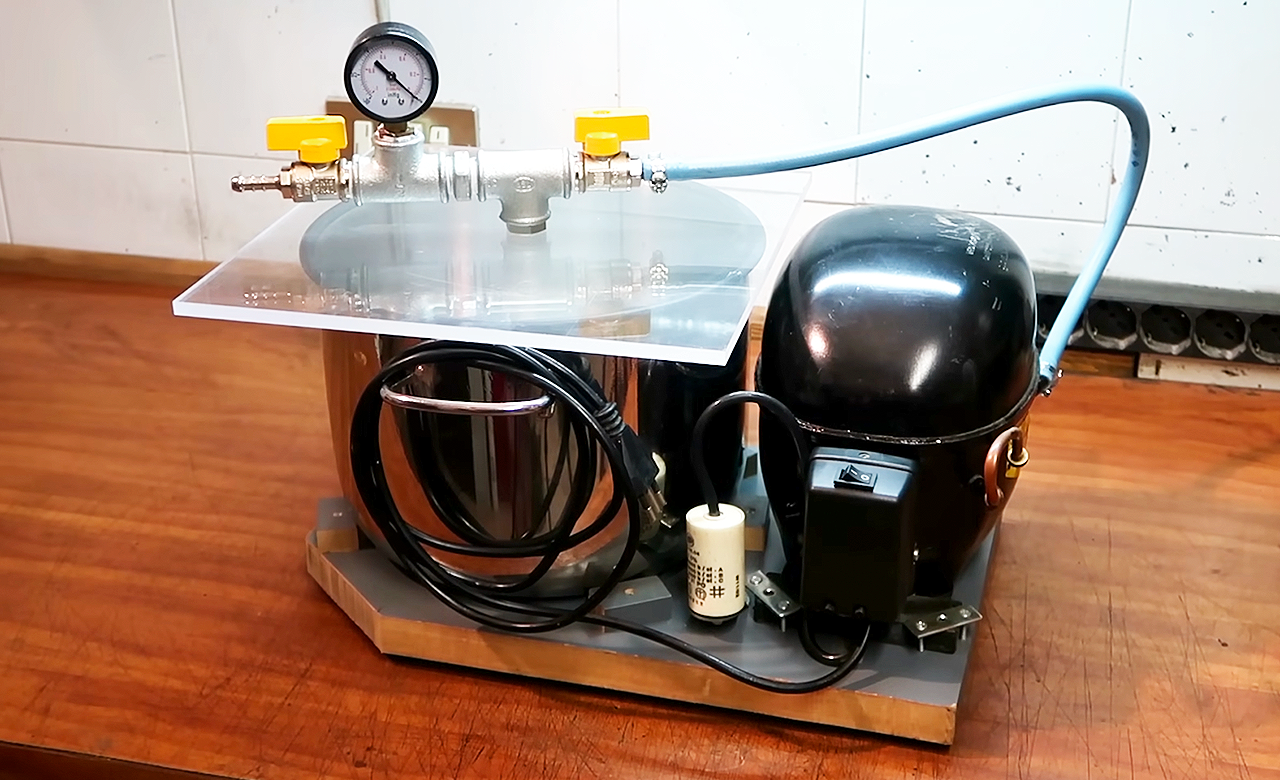 Build a vacuum chamber for cheap using a fridge compressor