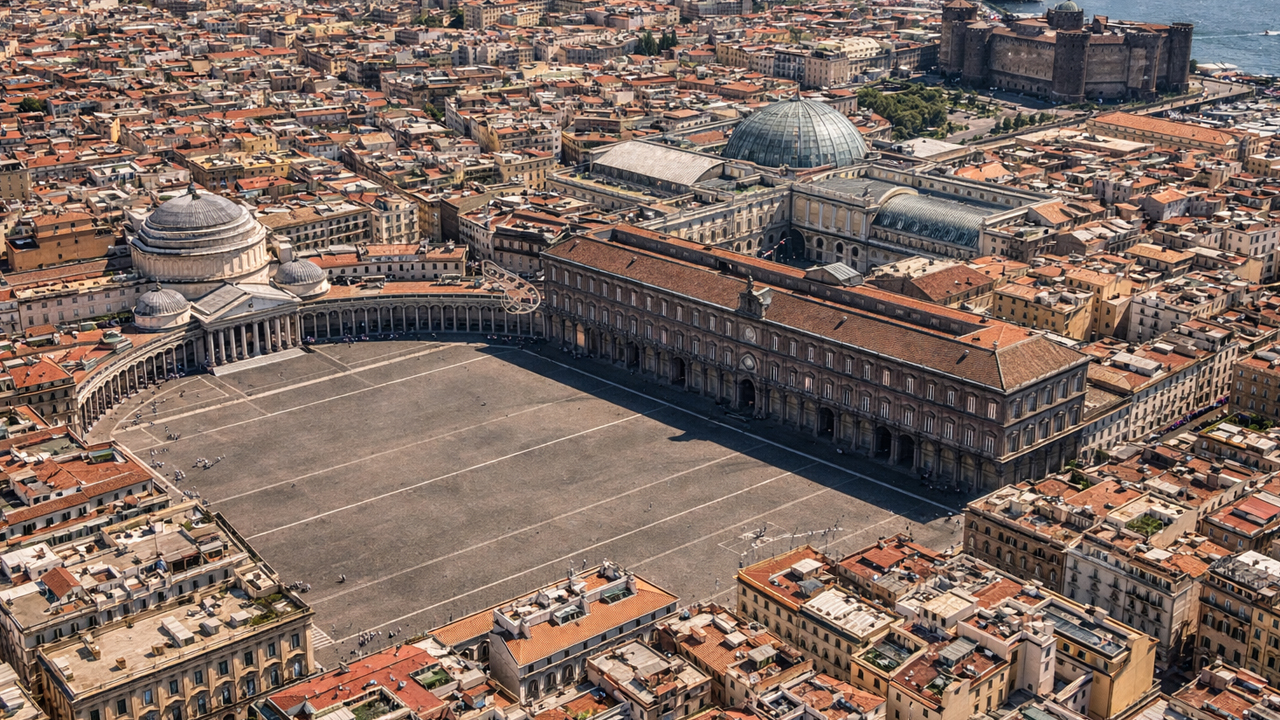 Grand urban square framed by historic facades