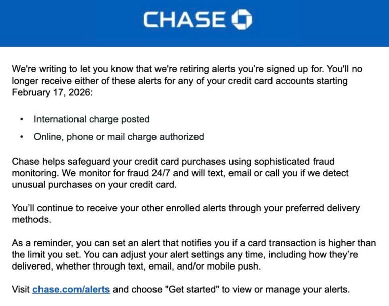 Chase to remove security alerts for non-physical and international ...