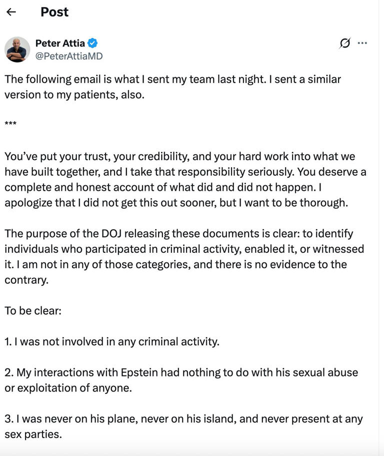 Self-pitying CBS star Peter Attia tries to explain away Epstein shame