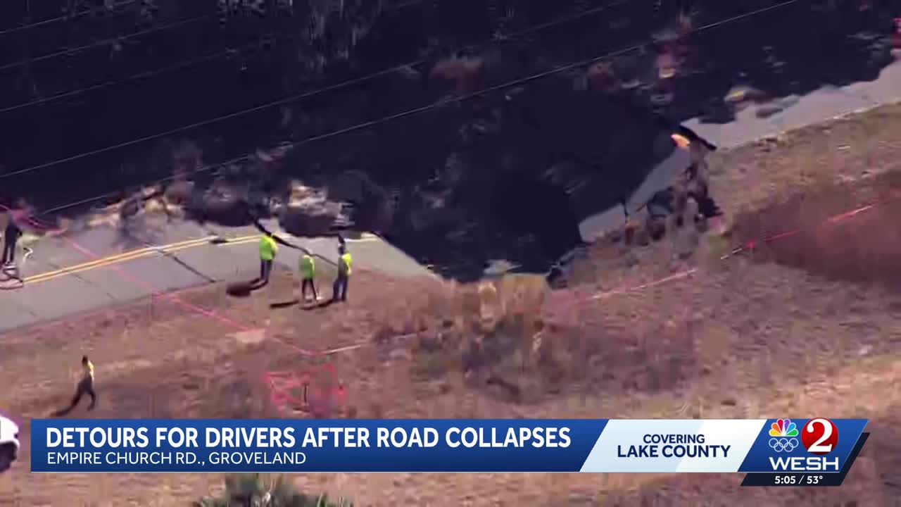 Road collapses into 50-foot hole in Lake County
