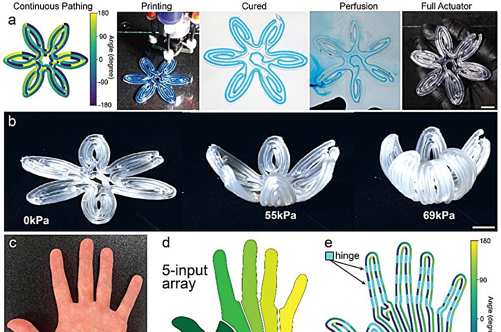 Rotating nozzle 3D printing creates air-powered soft robots with preset ...