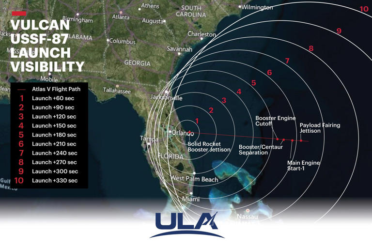 Rocket launch may be visible in Jacksonville, St. Augustine. See the map