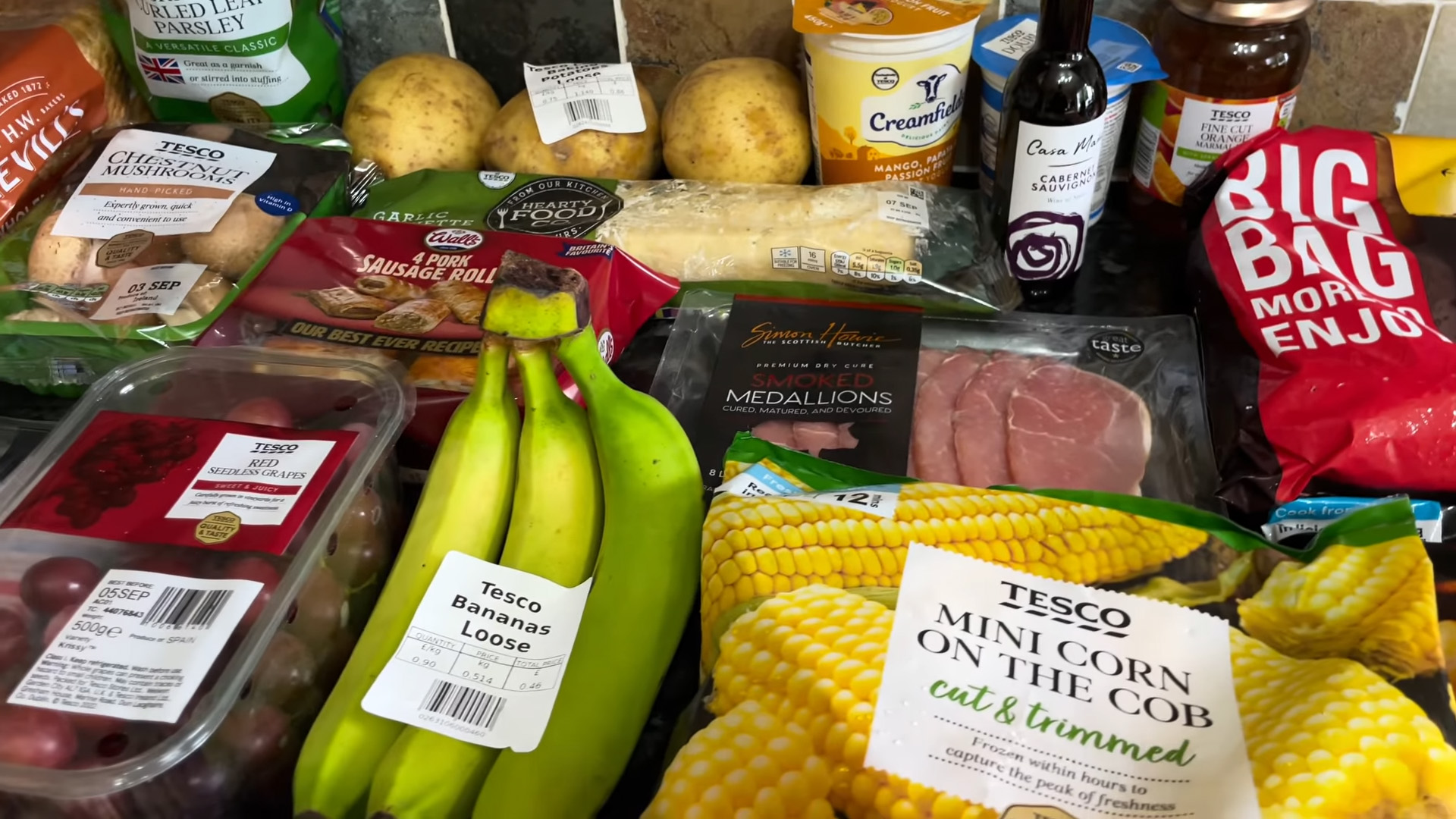 Weekly family grocery haul under sixty pounds at Tesco