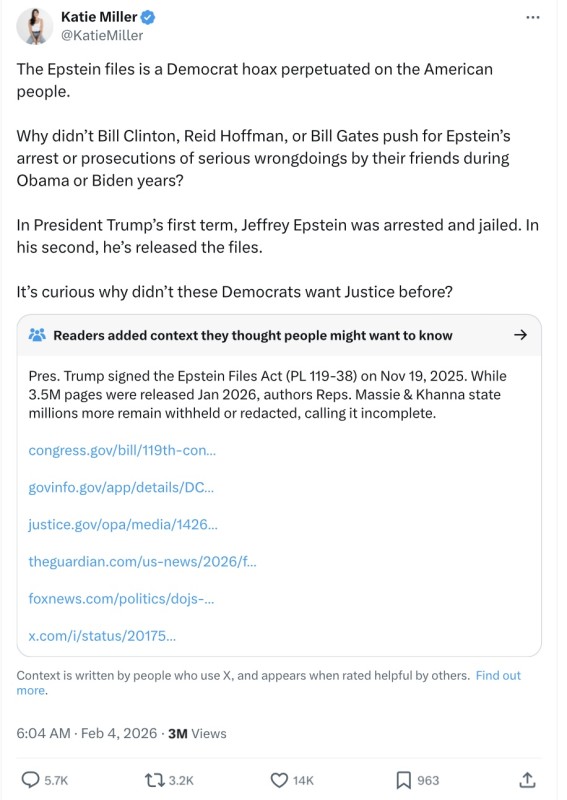 Katie Miller slapped with community note defending Trump on Epstein files