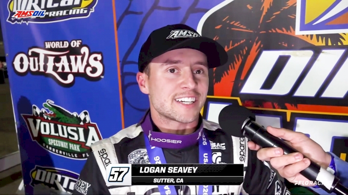 Logan Seavey reacts after winning great battle in USAC Volusia opener