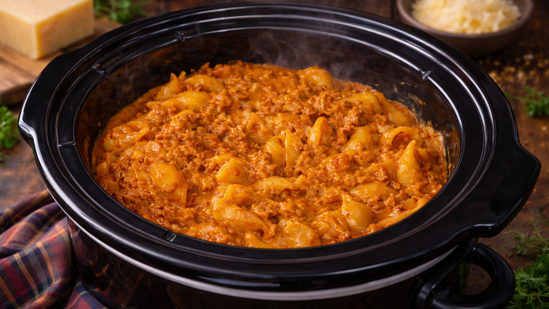 Cheesy ground beef and pasta crockpot recipe