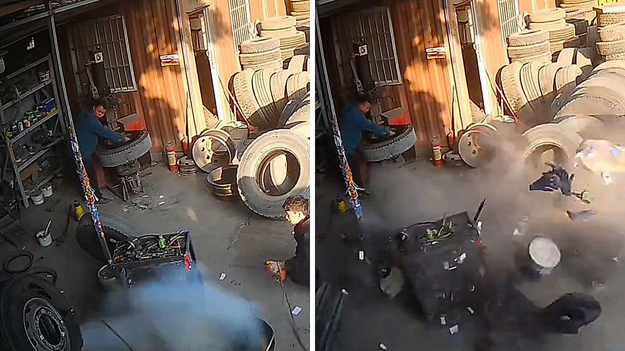 Werknemer ontsnapt aan ontploffende band in China