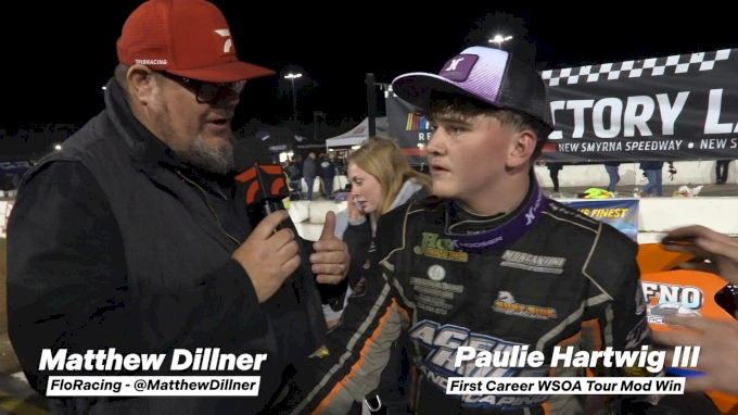 Paulie Hartwig III reacts after first New Smyrna tour-type modified win