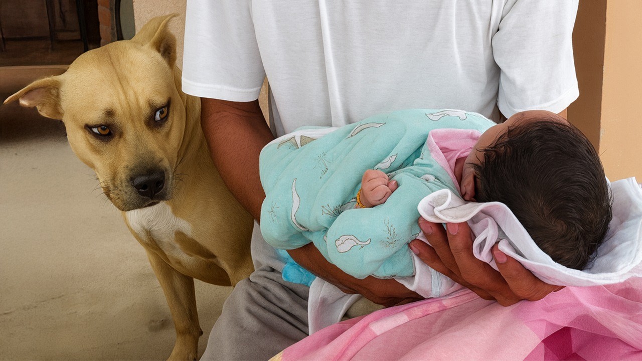 Dog reacts in the funniest way to a new baby at home