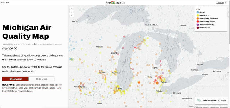 Michigan regions under unhealthy air quality conditions on Feb. 10