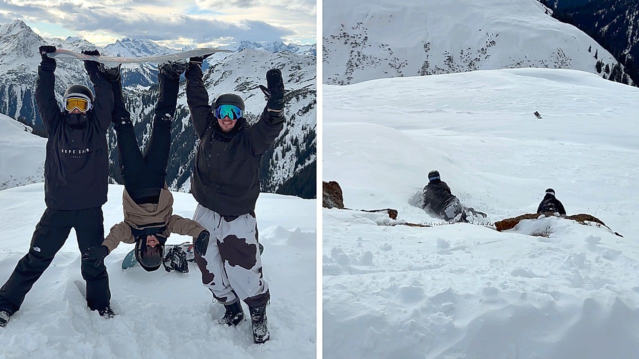 Group taking 'iconic' picture on the Austrian Alps lose snowboard off cliff