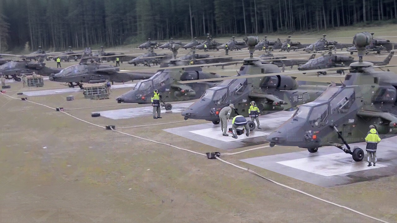 Powerful US & German attack helicopters in action during mass takeoff
