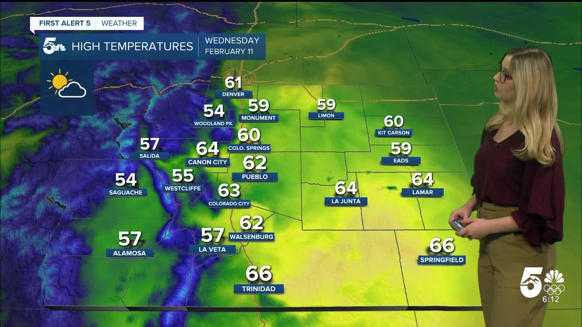 Boosting back up to the 50s and 60s on Wednesday with snow in the mountains