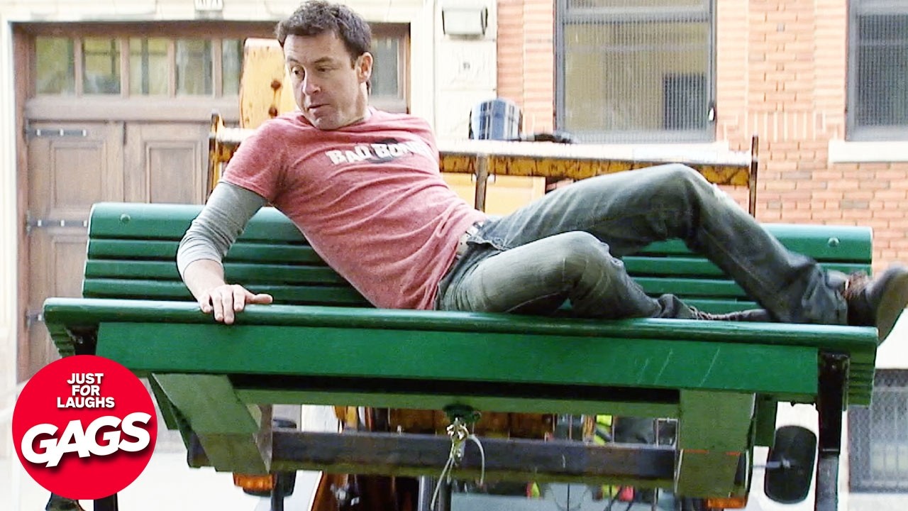 NYC throws bench in the trash man still on it | Just for Laughs Gags