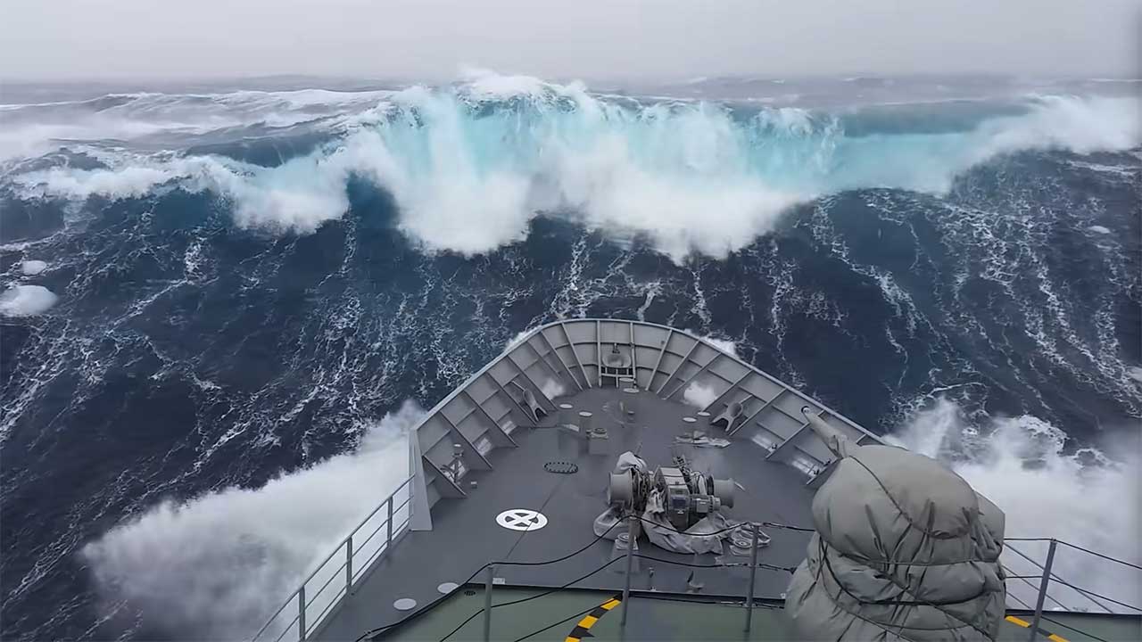 Destroyer battered by colossal waves in ferocious Pacific storm