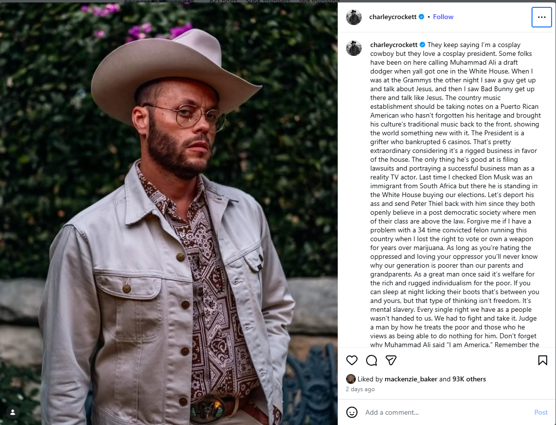 Texas singer Charley Crockett sparks backlash after criticizing Trump ...